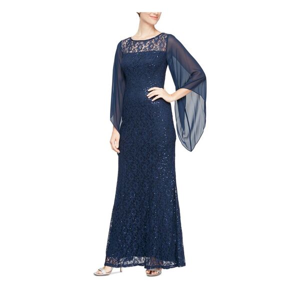 SLNY | Dresses | Slny Womens Navy Back Lined Long Sleeve Fulllength ...